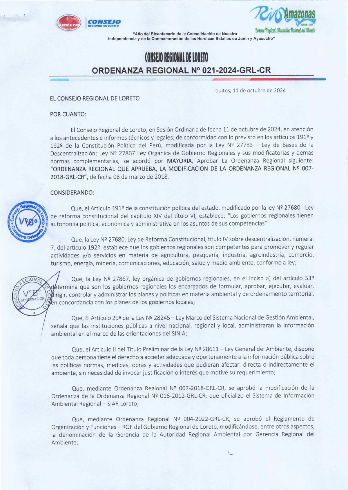 Ordenanza Regional que aprueba la modificaciona de la Ordenanza Regional N° 007-2018-GRL-CR | SINIA